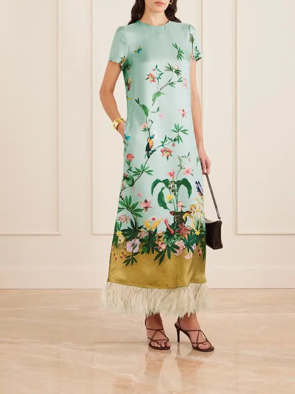 La DoubleJ Swing Feather-trimmed Printed Silk-twill Maxi Dress - Green