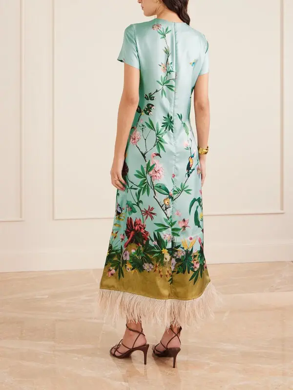 La DoubleJ Swing Feather-trimmed Printed Silk-twill Maxi Dress - Green
