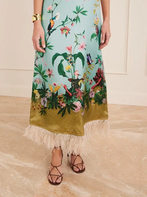 La DoubleJ Swing Feather-trimmed Printed Silk-twill Maxi Dress - Green