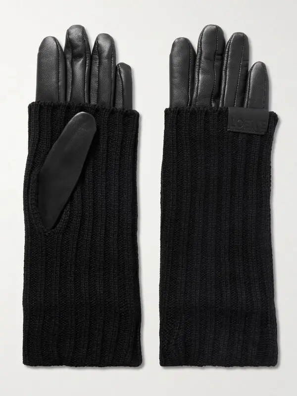 Loewe Leather-trimmed Ribbed Cashmere Gloves - Black