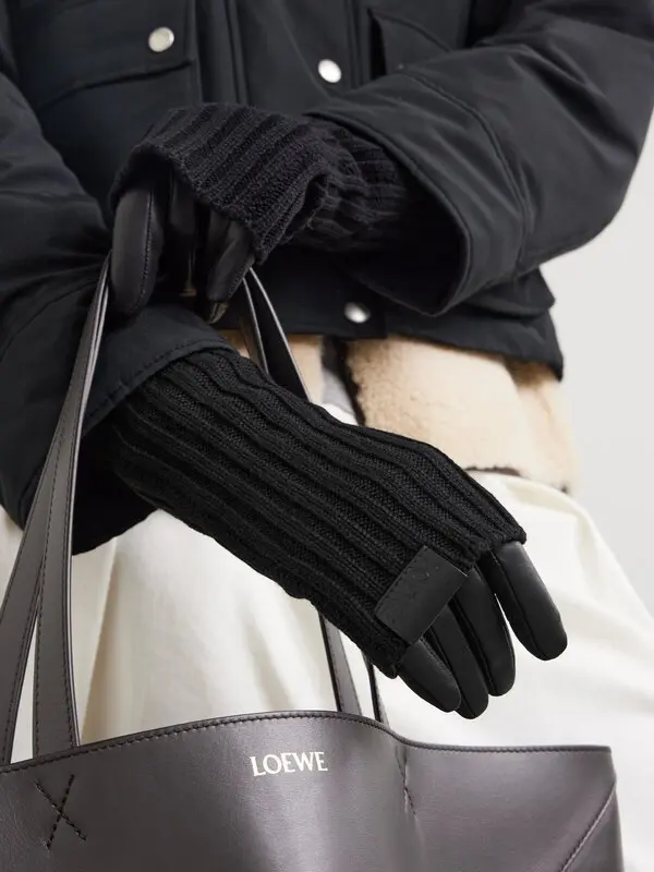 Loewe Leather-trimmed Ribbed Cashmere Gloves