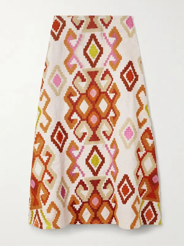 MARTA FERRI Santorini Embroidered Linen-blend Midi Skirt - Multi