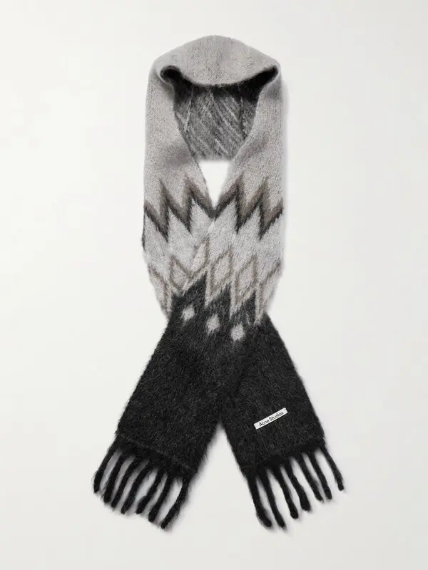 Acne Studios Hooded Fringed Mohair And Wool-blend Jacquard Scarf - Gray