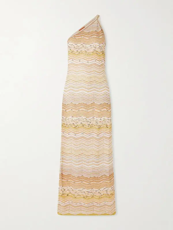 Missoni One-shoulder Sequin-embellished Striped Crochet-knit Maxi Dress - Gold