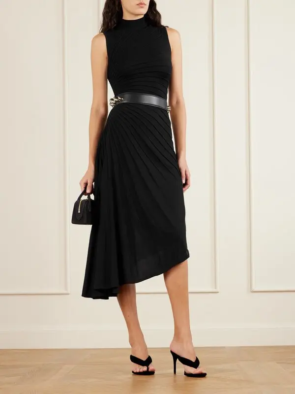 Alaïa Asymmetric Ribbed Wool Turtleneck Midi Dress