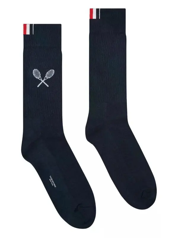 Thom Browne Crew Socks With Racket Motif - Blue