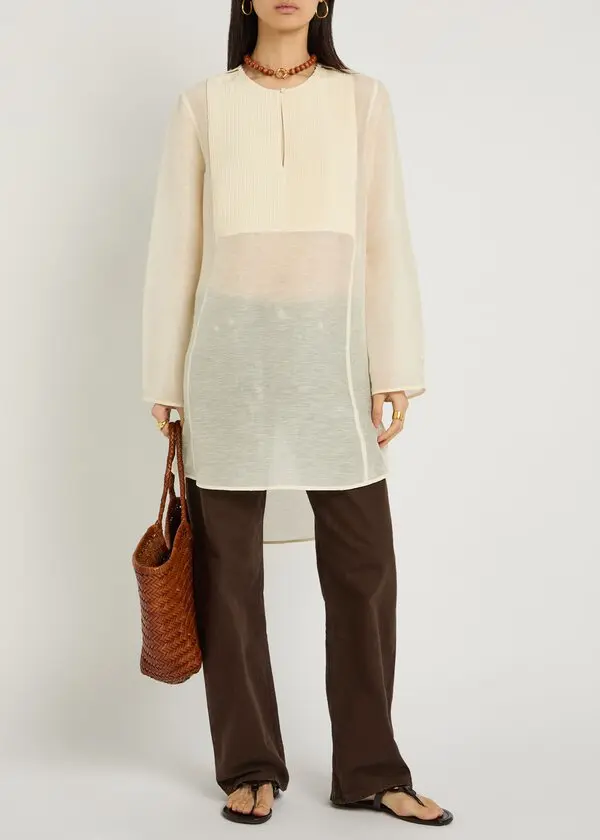Tory Burch Pintucked Linen And Silk-blend Tunic - Ivory