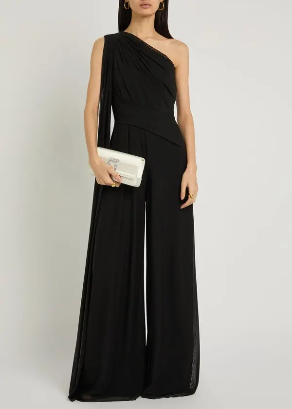 Talbot Runhof One-shoulder Draped Mesh Jumpsuit