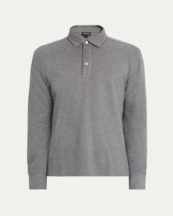 Zegna Leather-trim Melange Cotton Long-sleeve Polo Shirt - Gray