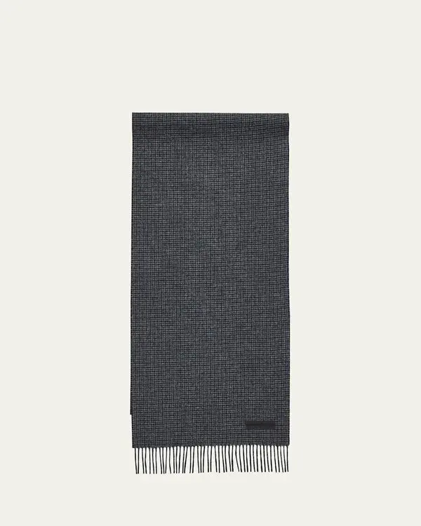 Zegna Oasi Cashmere Check Scarf With Leather Brand Mark - Dark Grey