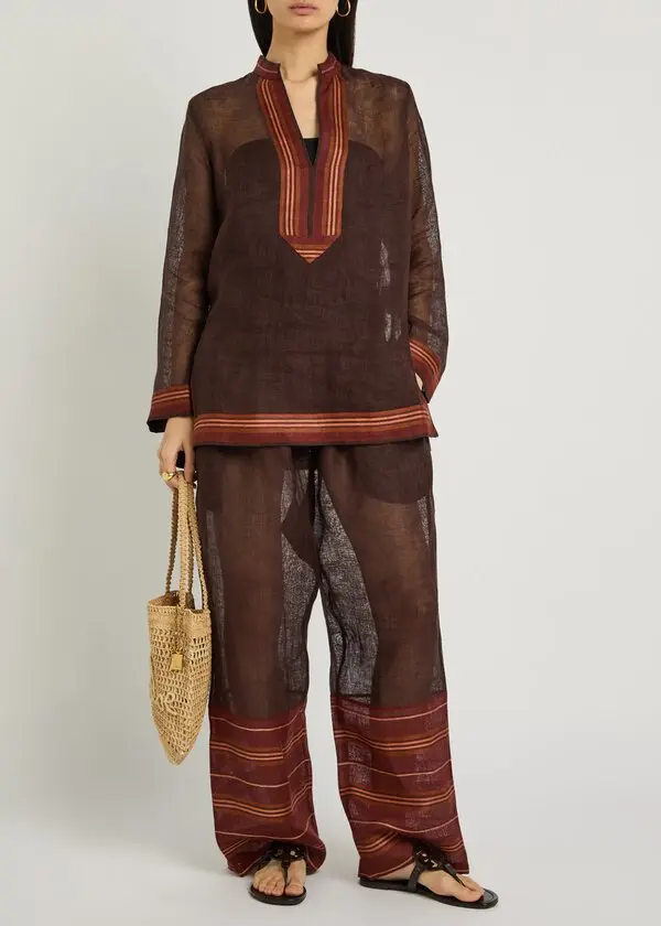 Tory Burch Stripe-trimmed Linen Trousers - Brown
