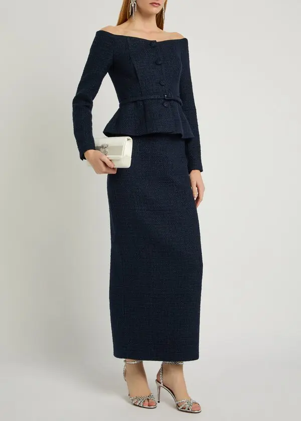 Roland Mouret Ceremony Metallized Bouclé Midi Skirt - Navy