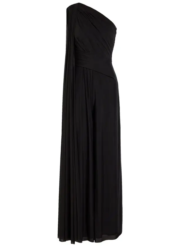 Talbot Runhof One-shoulder Draped Mesh Jumpsuit - Black