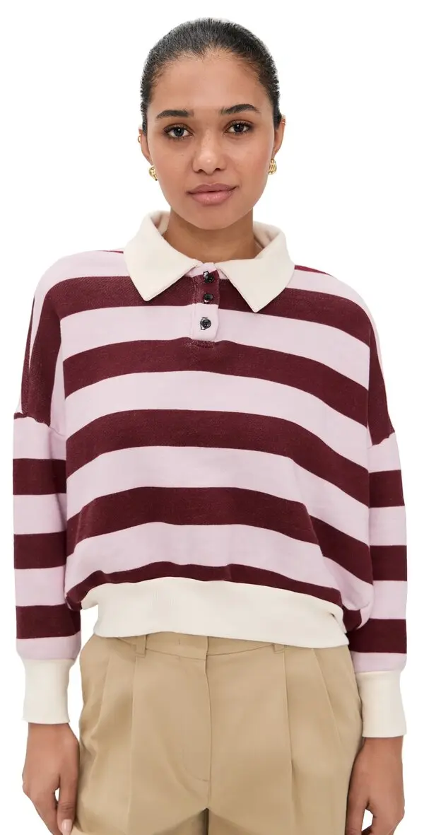 ASKK NY Polo Sweatshirt - Black Cherry Pink Stripe