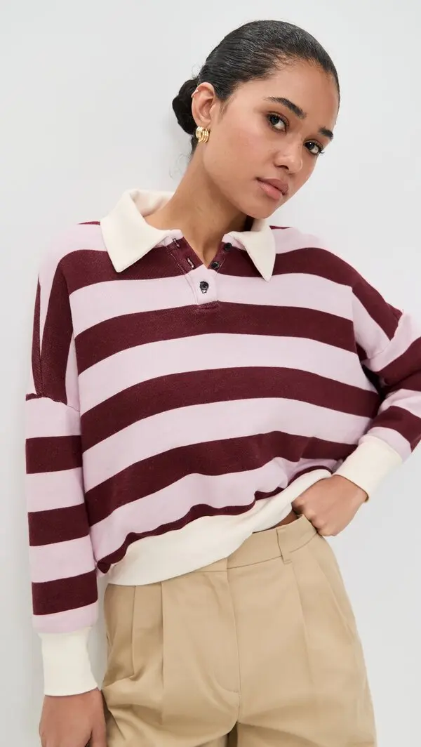 ASKK NY Polo Sweatshirt - Black Cherry Pink Stripe
