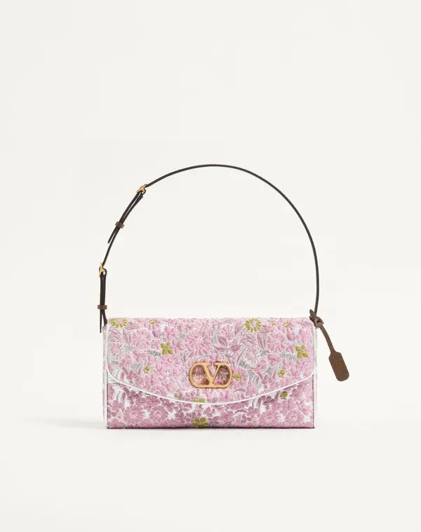 Valentino Garavani Devain Small Shoulder Bag In Jacquard Lurex Fabric - Silver/pink