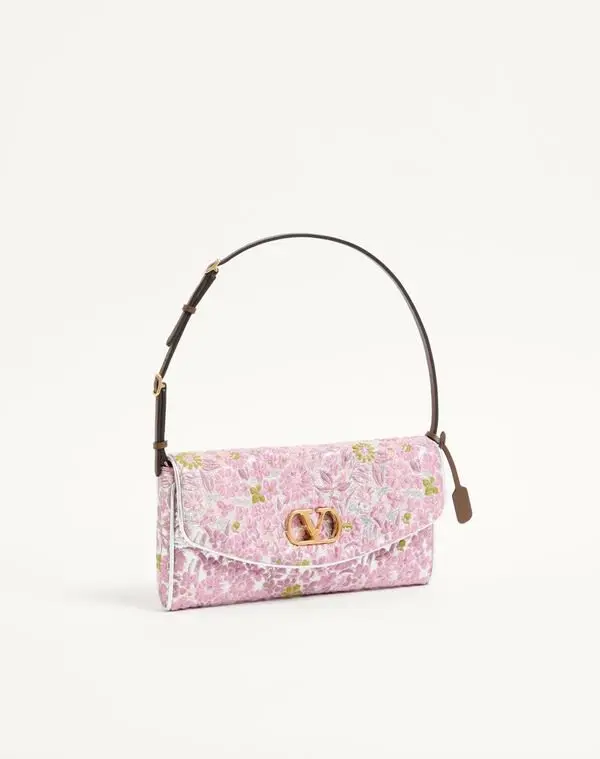 Valentino Garavani Devain Small Shoulder Bag In Jacquard Lurex Fabric - Silver/pink