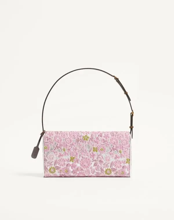 Valentino Garavani Devain Small Shoulder Bag In Jacquard Lurex Fabric - Silver/pink