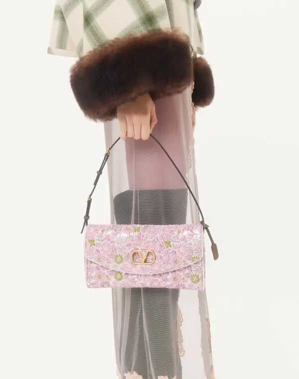 Valentino Garavani Devain Small Shoulder Bag In Jacquard Lurex Fabric - Silver/pink