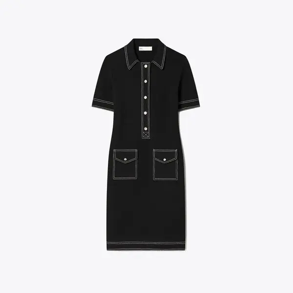 Tory Burch Topstitch Wool Camp Dress - Black