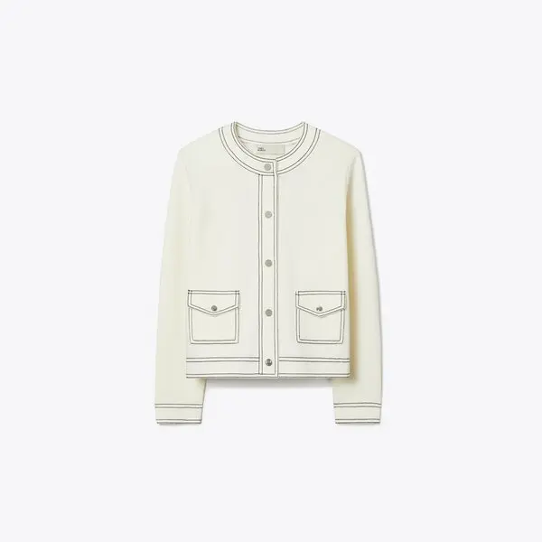 Tory Burch Topstitch Wool Cardigan - New Ivory