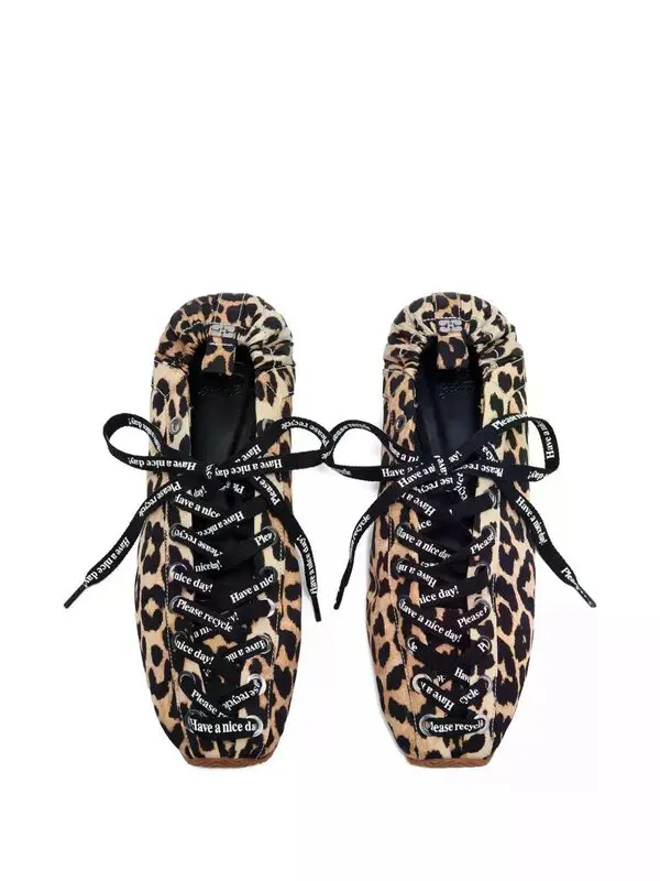 GANNI Leopard-print Lace-up Ballerina Flats - Brown