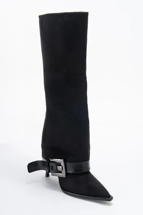 PROLOGUE SHOES Elva Buckle Strap Knee High Boots - Black Suede Faux Leather