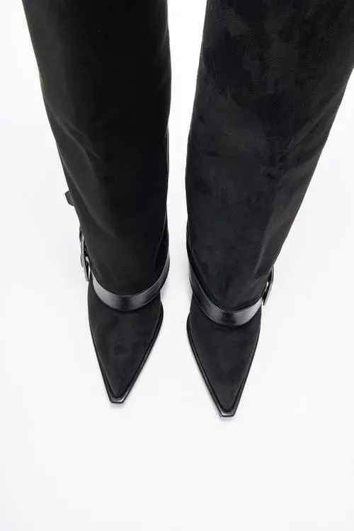 PROLOGUE SHOES Elva Buckle Strap Knee High Boots - Black Suede Faux Leather
