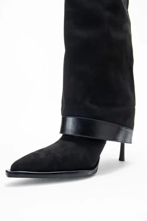 PROLOGUE SHOES Elva Buckle Strap Knee High Boots - Black Suede Faux Leather