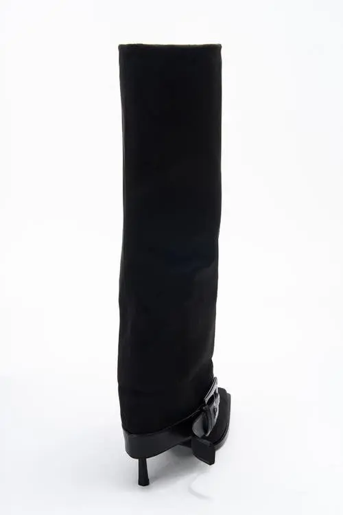 PROLOGUE SHOES Elva Buckle Strap Knee High Boots - Black Suede Faux Leather