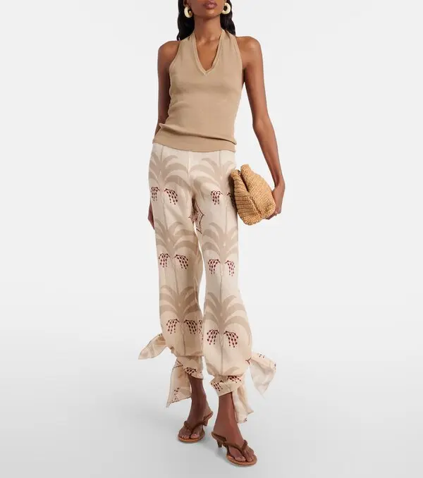 Johanna Ortiz Printed Linen Flared Pants - Beige