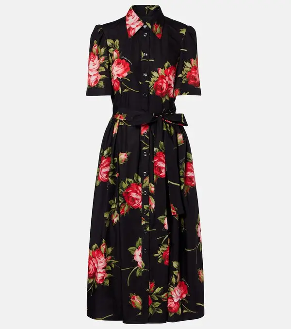 Dolce & Gabbana Belted Floral Cotton Shirt Midi Dress - Black