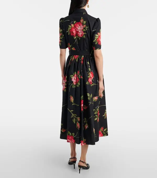 Dolce & Gabbana Belted Floral Cotton Shirt Midi Dress - Black