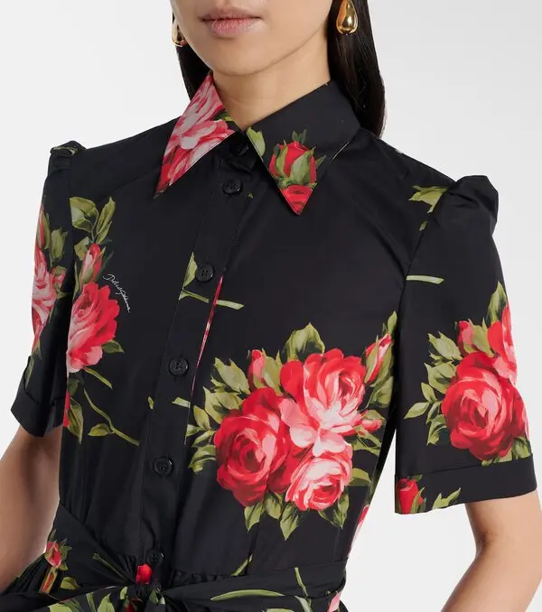 Dolce & Gabbana Belted Floral Cotton Shirt Midi Dress - Black