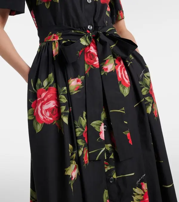 Dolce & Gabbana Belted Floral Cotton Shirt Midi Dress - Black
