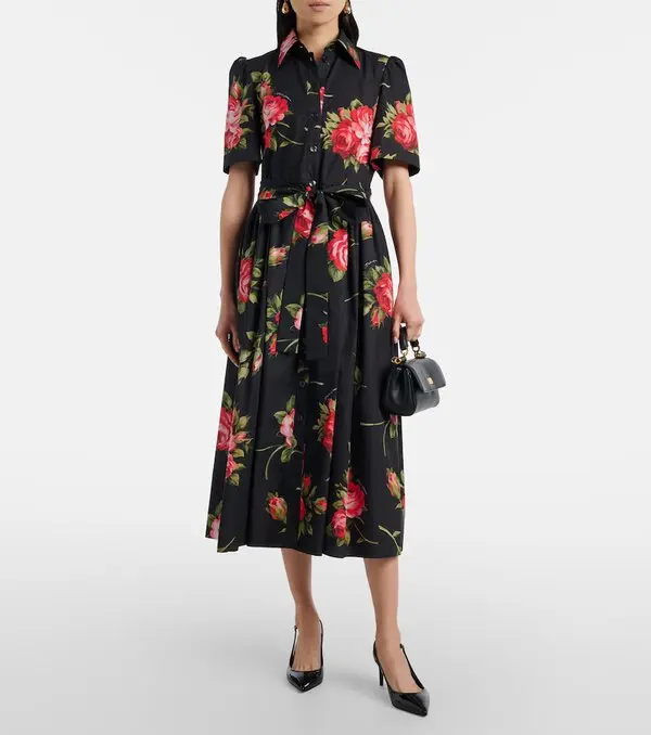 Dolce & Gabbana Belted Floral Cotton Shirt Midi Dress - Black