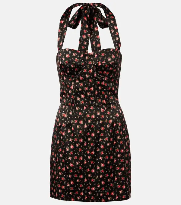 Dolce & Gabbana Floral Halterneck Silk-blend Satin Minidress - Black