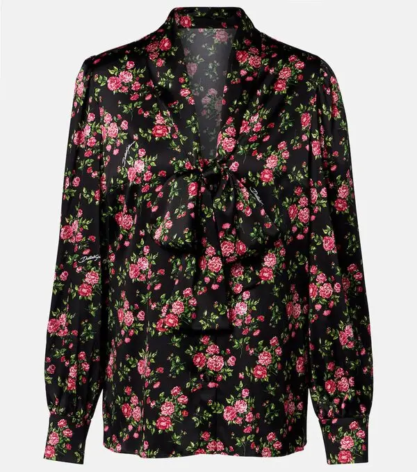 Dolce & Gabbana Floral Tie-neck Silk-blend Blouse - Black