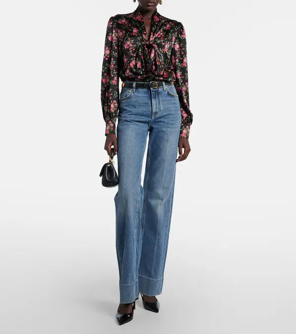 Dolce & Gabbana Floral Tie-neck Silk-blend Blouse - Black