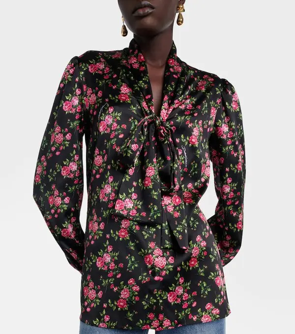 Dolce & Gabbana Floral Tie-neck Silk-blend Blouse - Black