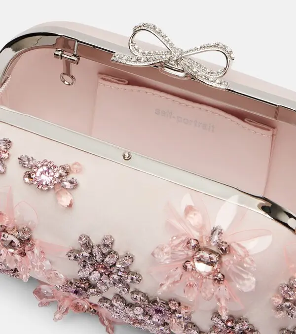 SELF-PORTRAIT Crystal-embellished Floral Satin Clutch