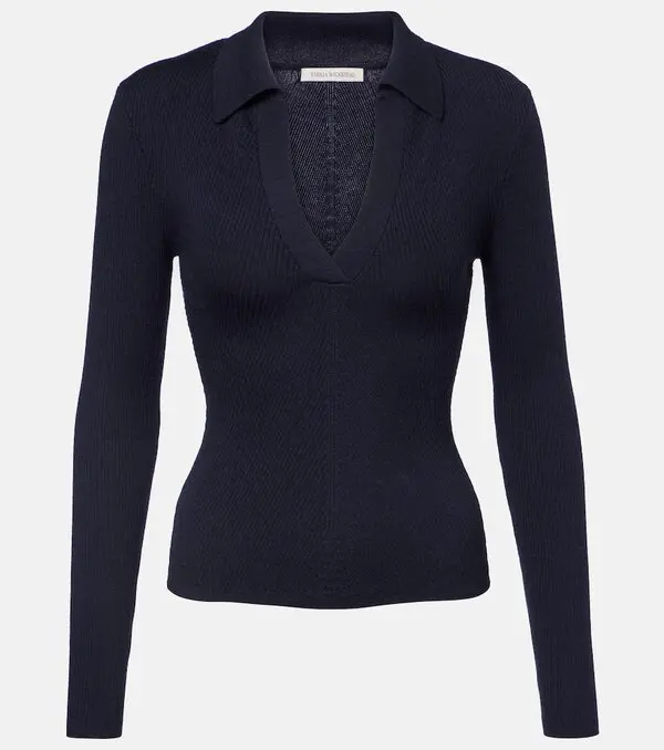 EMILIA WICKSTEAD Austin Ribbed-knit Wool Polo Sweater - Blue