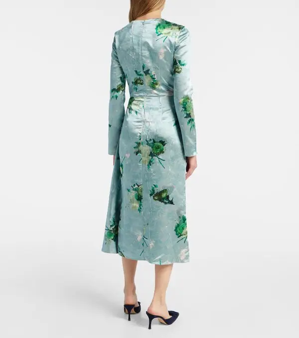 emerald green silk dress long sleeve Satin midi dress with animal print main image 1