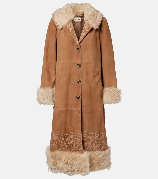 Rixo Cienna Embroidered Suede Coat With Shearling Trim - Brown