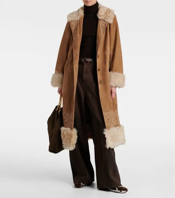 Rixo Cienna Embroidered Suede Coat With Shearling Trim