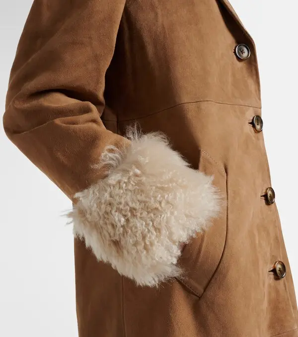 Rixo Cienna Embroidered Suede Coat With Shearling Trim