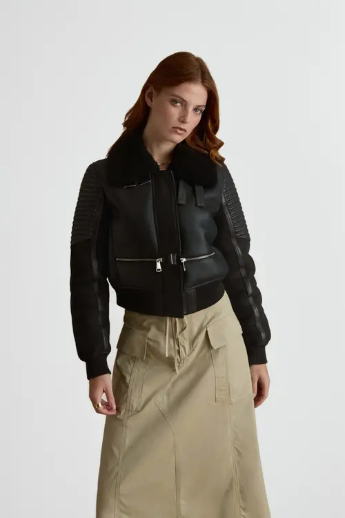 FURNIQ UK Lucinda Shearling-lined Leather Bomber Jacket - Black