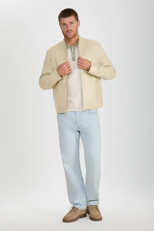 FURNIQ UK Otis Racer Leather Jacket - Beige