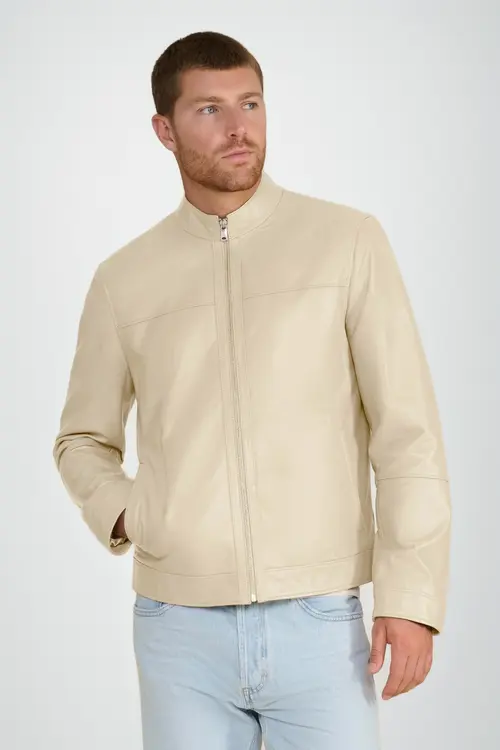FURNIQ UK Otis Racer Leather Jacket - Beige