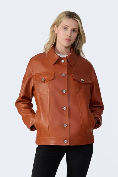 FURNIQ UK Bobbie Leather Shirt Jacket - Whiskey